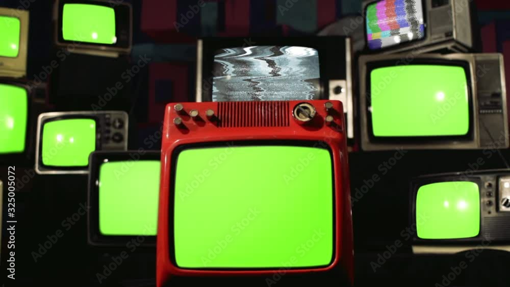 Video Stock Ten Old TVs turning on Green Screens. You can replace green ...