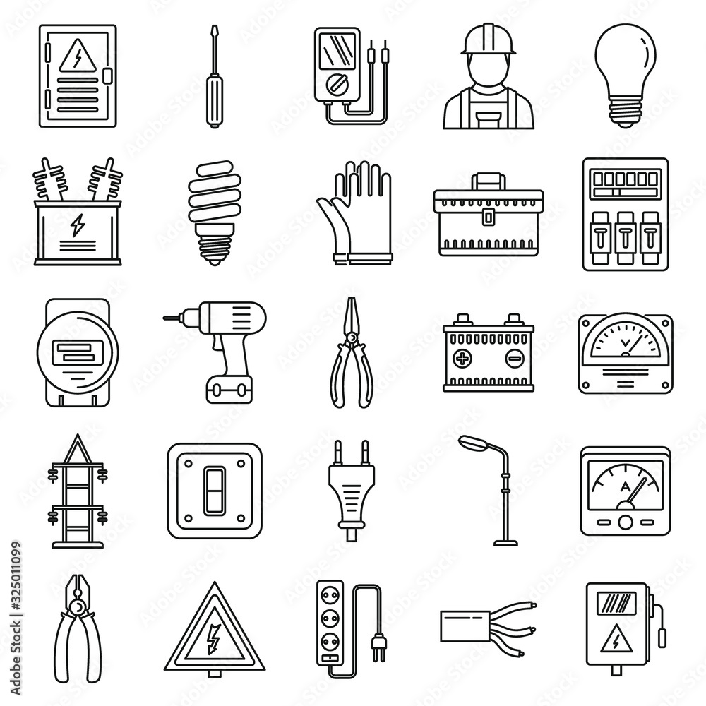 Safety electrician service icons set. Outline set of safety electrician ...