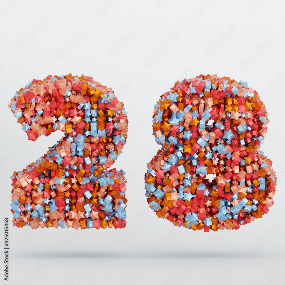 Number 28 3D Text Illustration, Digits With Pink And Sky Colors Stars ...