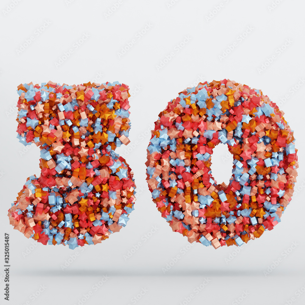 Number 30 3D Text Illustration, Digits With Pink And Sky Colors Stars ...