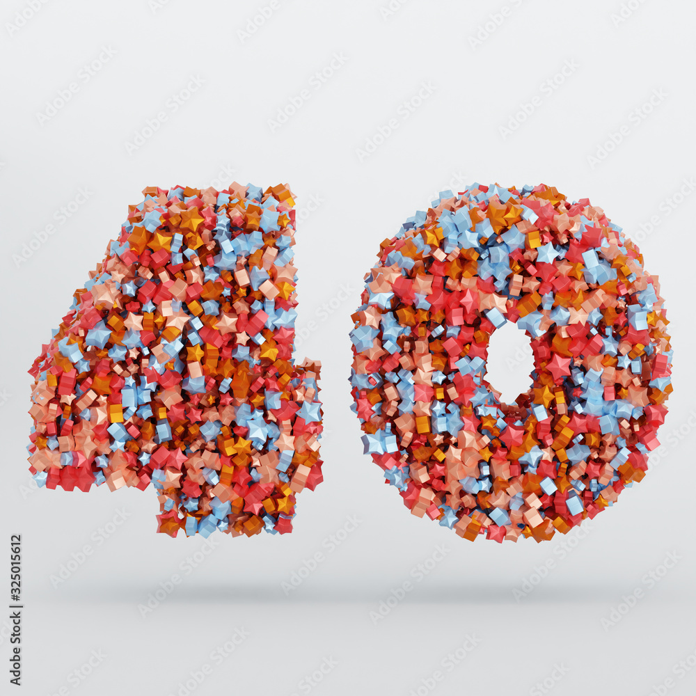 Number 40 3D Text Illustration, Digits With Pink And Sky Colors Stars ...