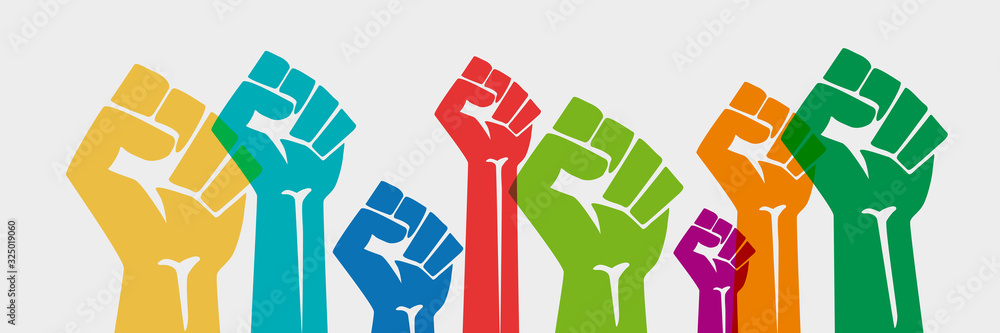 Crowd of protesters people. Vector banner raised hand.Concept of ...