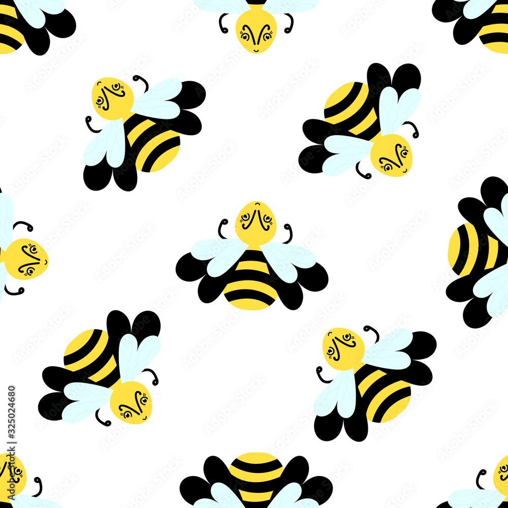 Bee seamless pattern on white. Cute cartoon bee or Bumble Bee . Vector ...