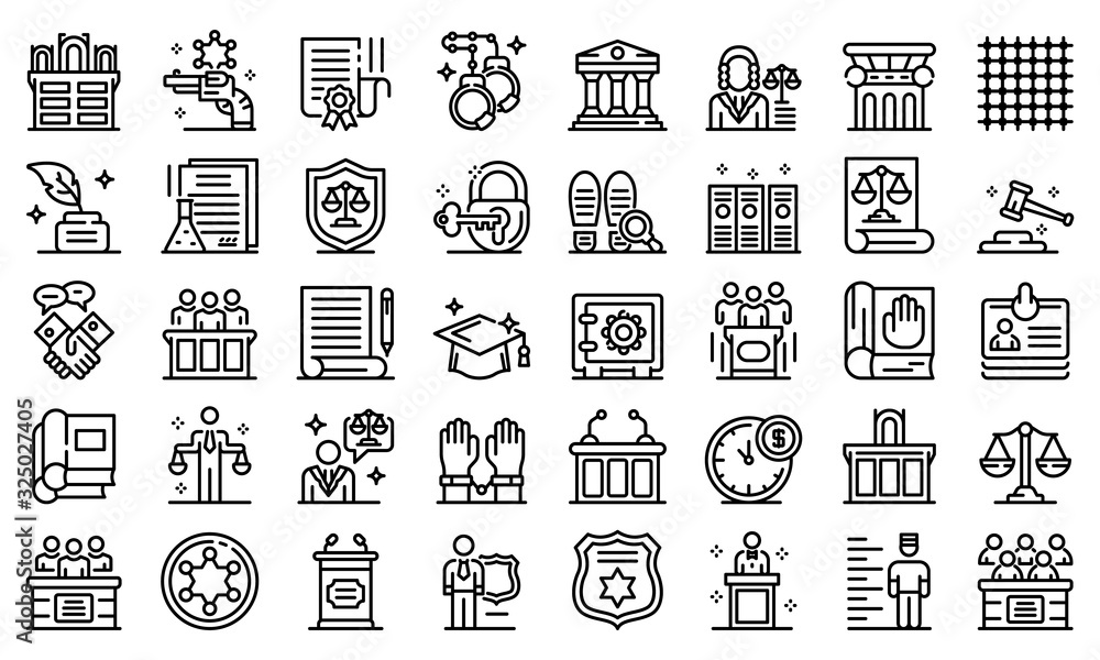Prosecutor icons set. Outline set of prosecutor vector icons for web ...
