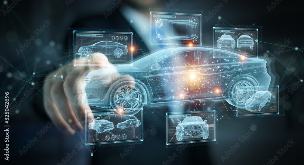 Man holding and touching holographic smart car interface projection 3D ...