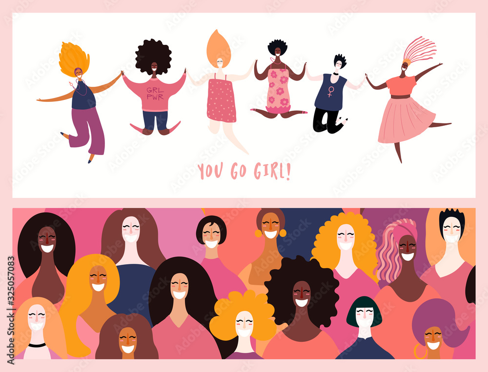 Set of womens day card, banner designs with beautiful diverse women and ...