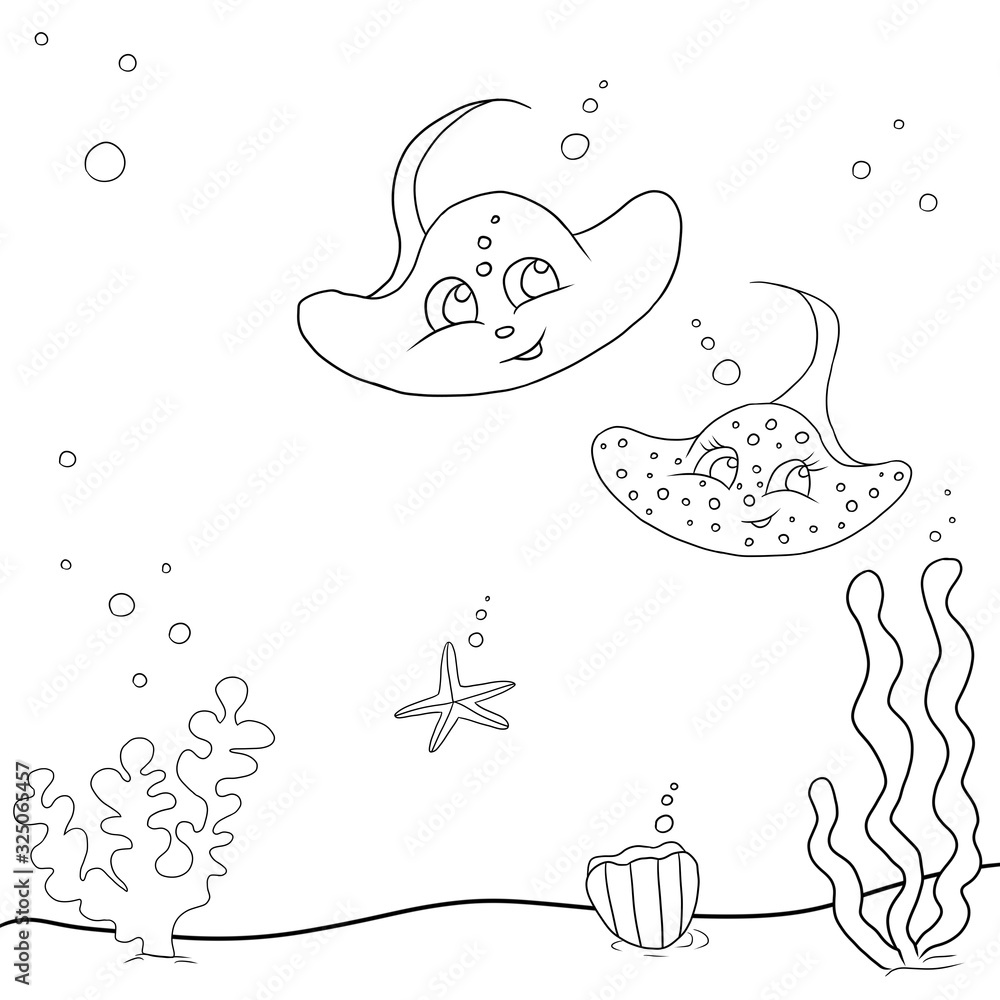 Sea animals. Stingray. Ocean. Coloring page. Cute and funny cartoon ...