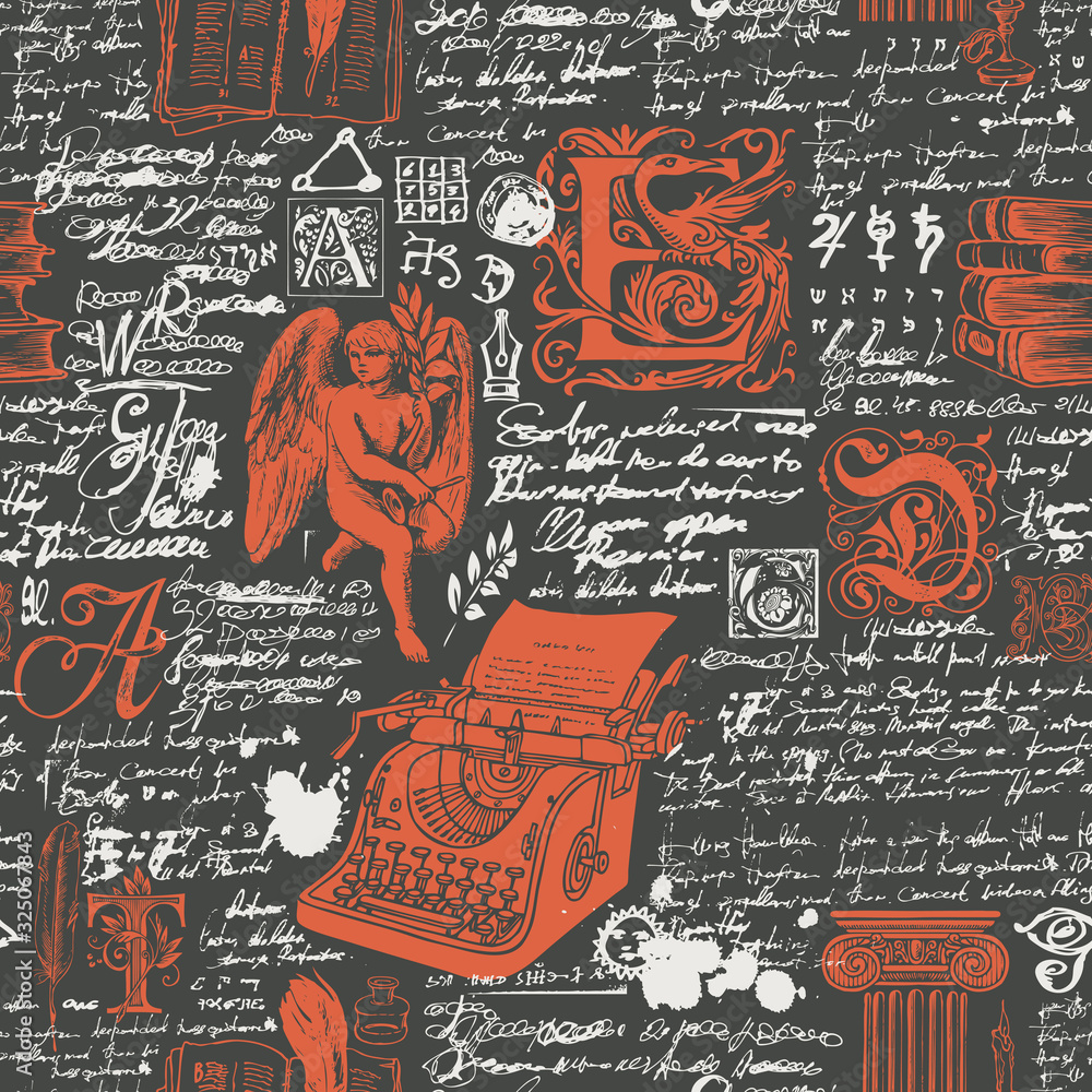 Vector seamless pattern on a writers theme. Abstract background with ...