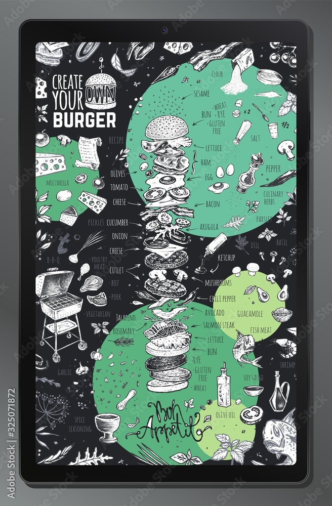 Burger menu design on tablet screen for restaurant and cafe. Chalk ...