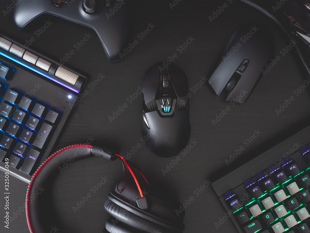 gamer workspace concept, top view a gaming gear, mouse, keyboard ...