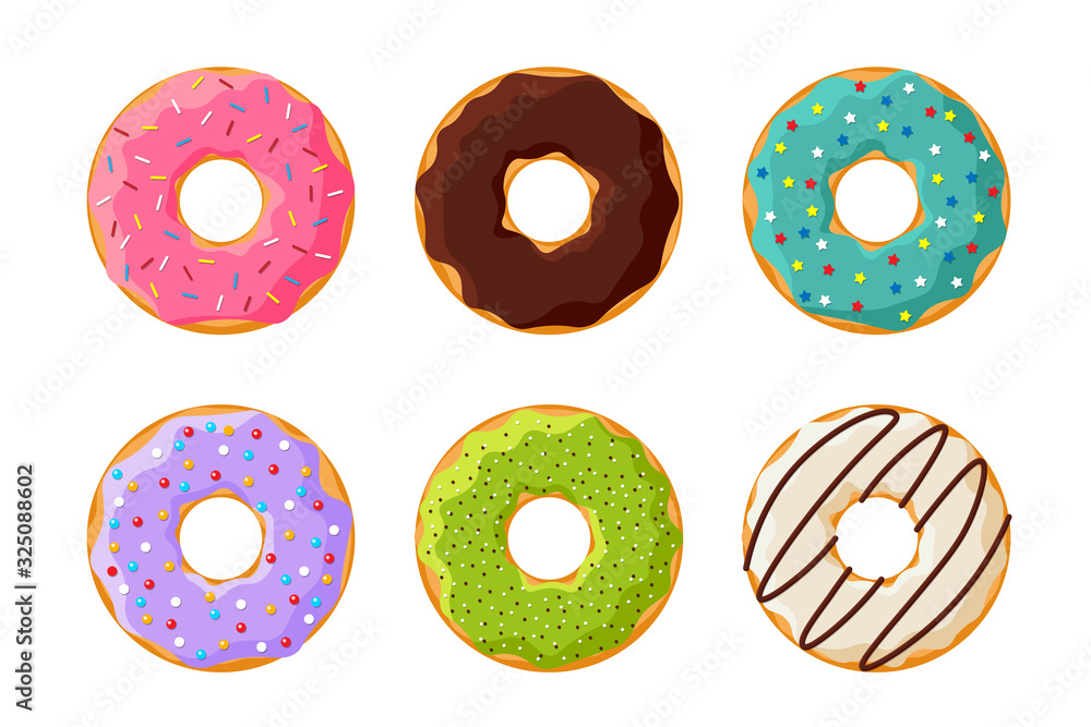 Cartoon colorful tasty donut set isolated on white background. Glazed ...