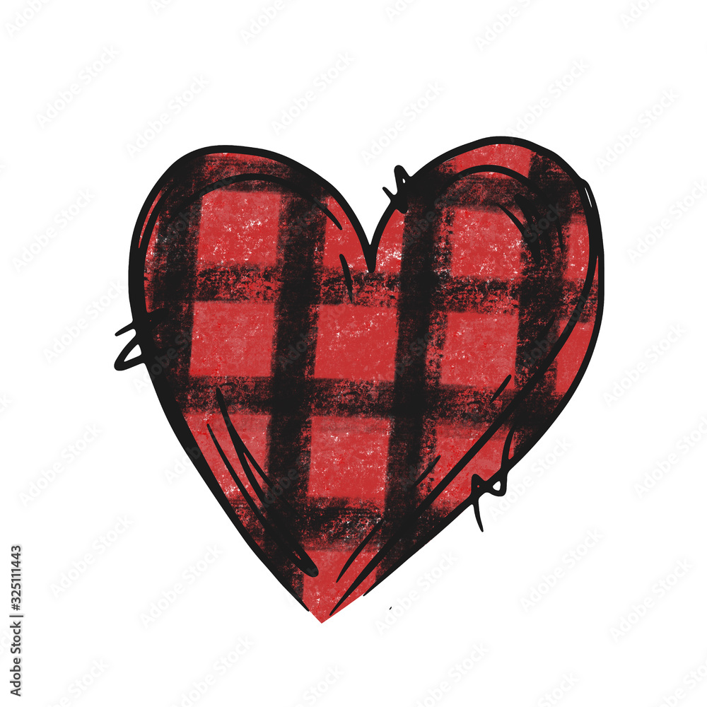 Hand drawn heart illustration with buffalo plaid print. Digital ...