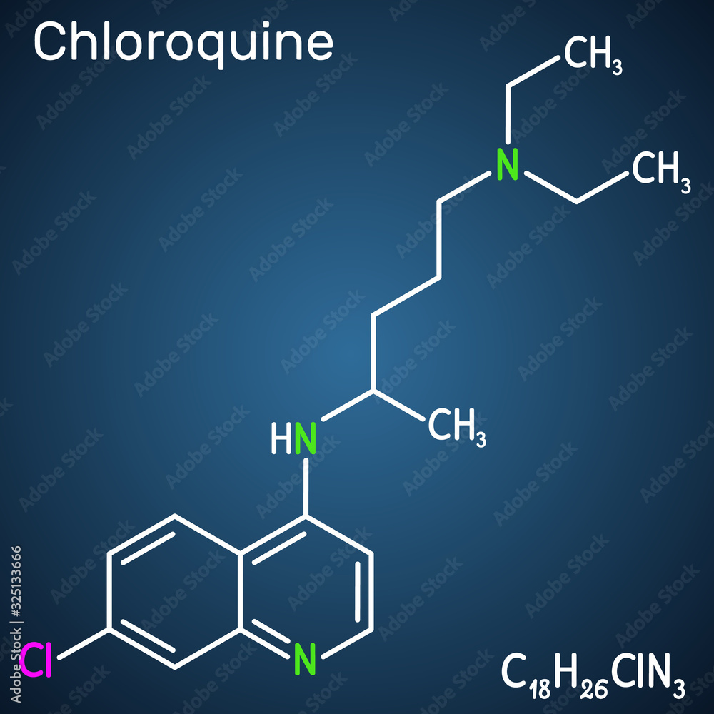 Chloroquine, chloraquine, aminoquinoline, C18H26ClN3 molecule. It is ...