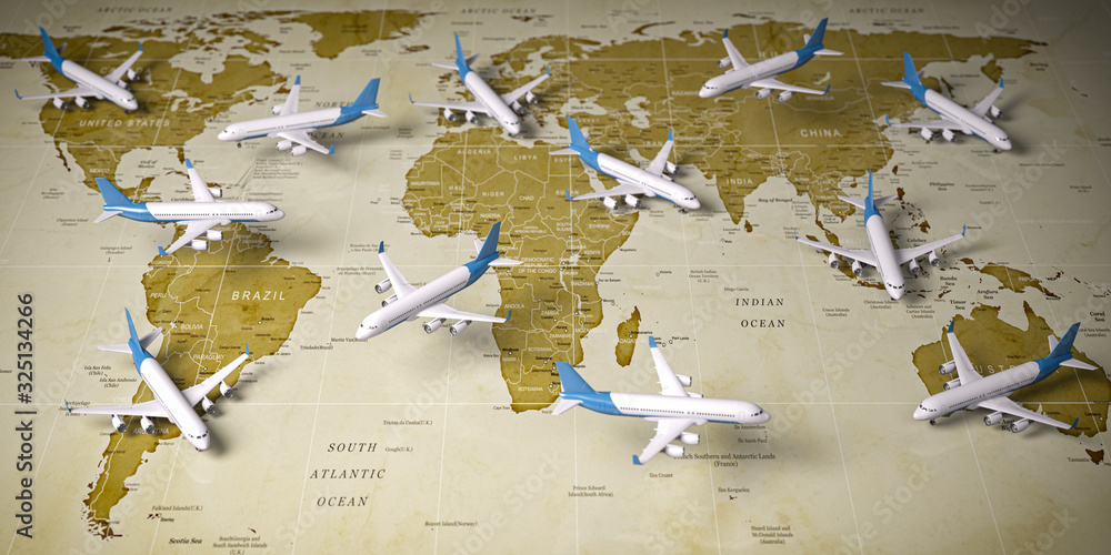 Airplanes on world map. Airline flight routes and airport travel and ...