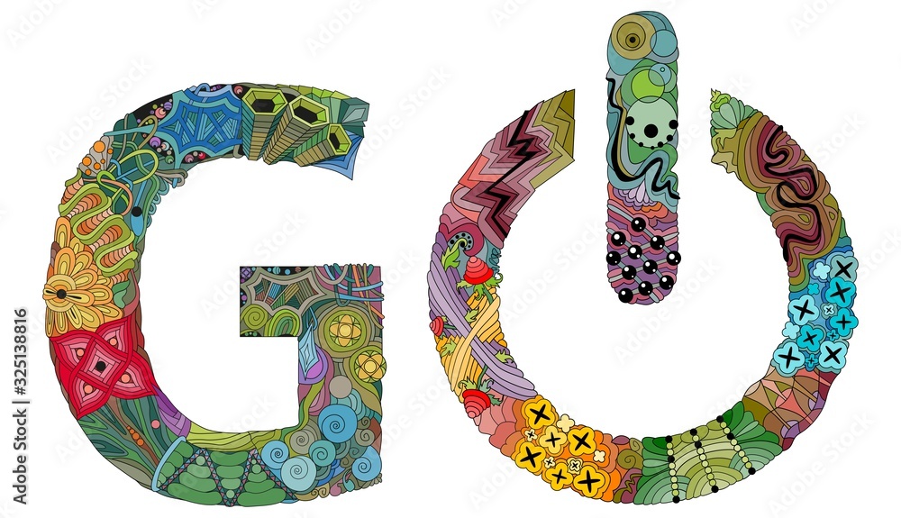 Word GO with power button. Vector zentangle object for decoration Stock ...