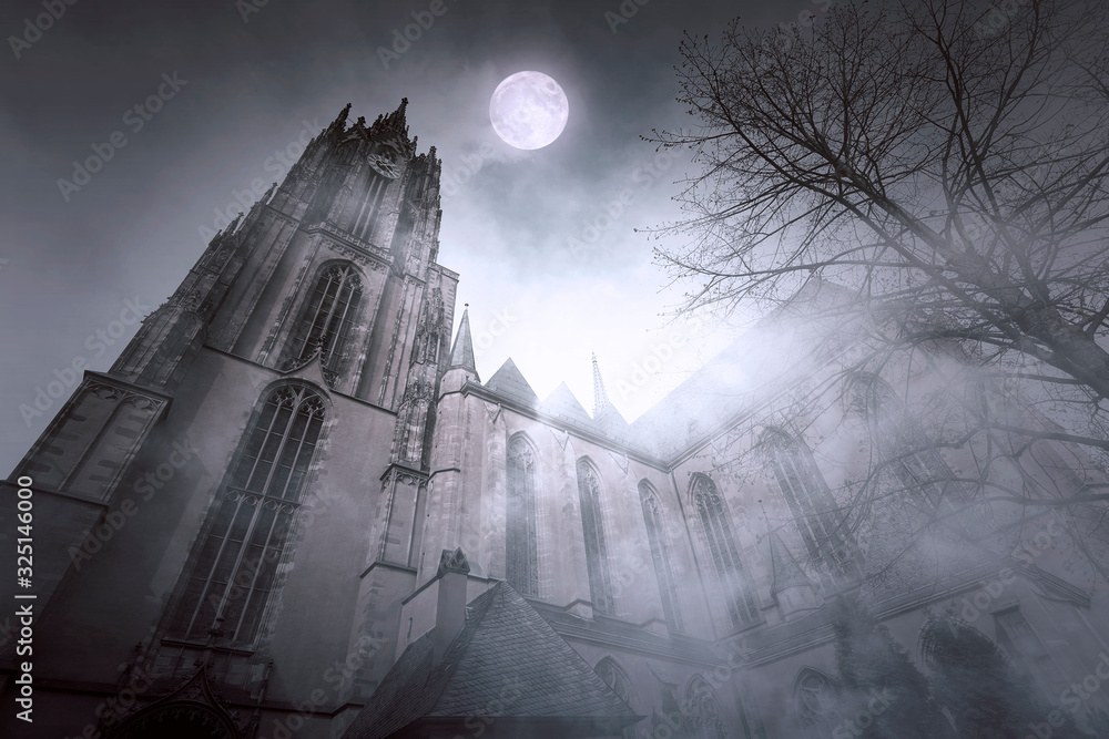 Old gothic Church with Moonlight and foggy Night in Frankfurt in ...