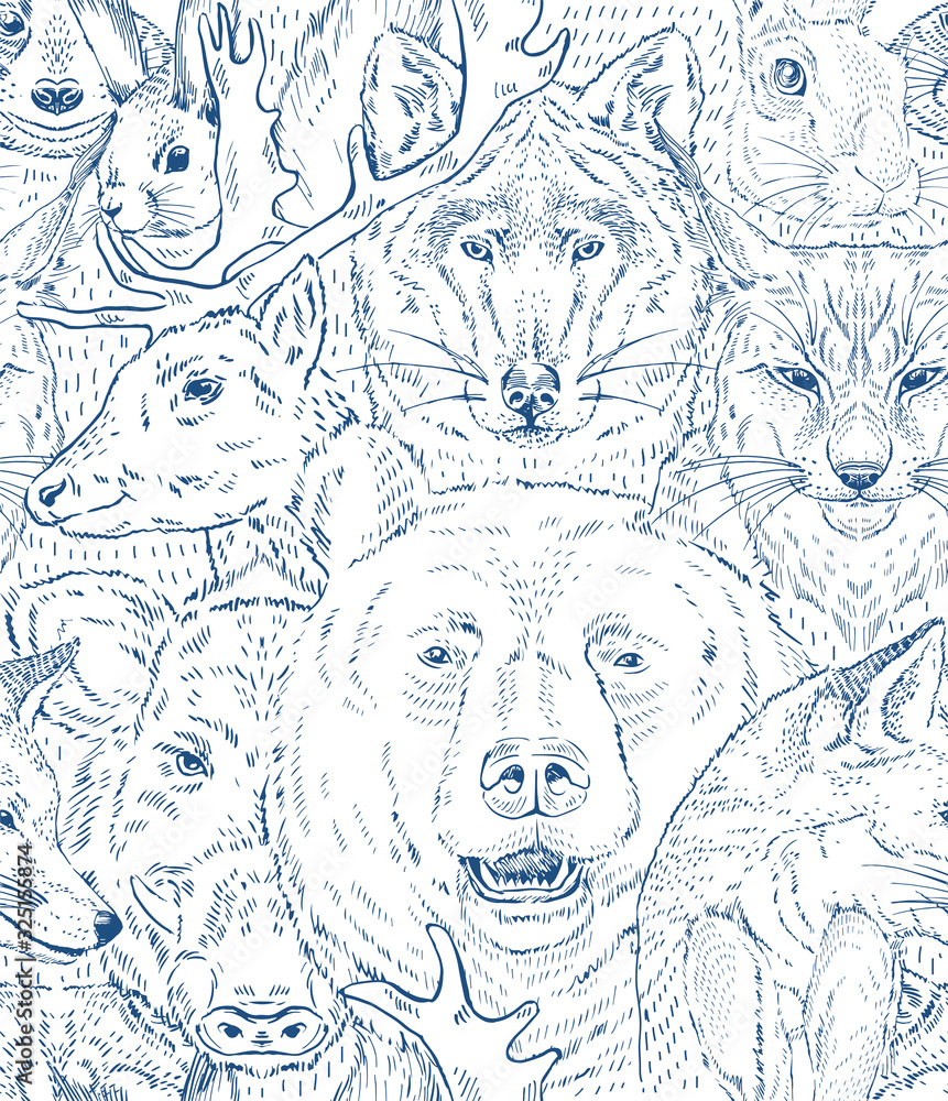 Forest animals realistic hand drawn vector seamless pattern. Classic ...