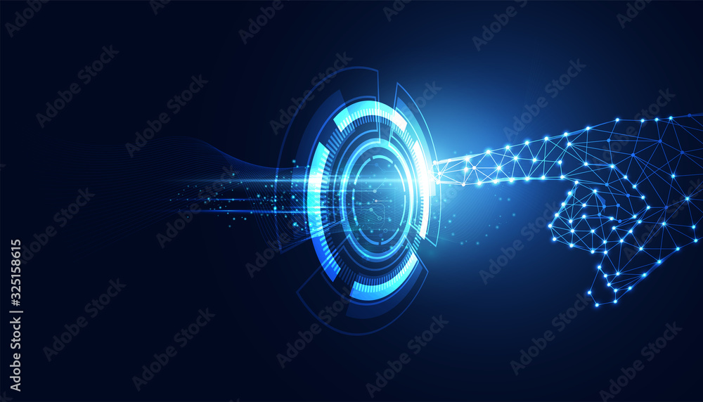 Abstract technology line triangle and finger points low poly polygonal ...