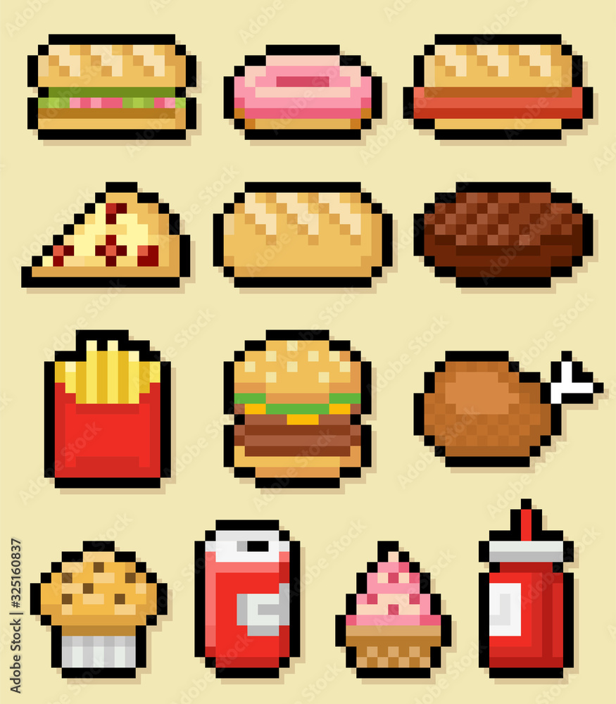 Pixel art fast food and drink icon collection Stock Vector | Adobe Stock