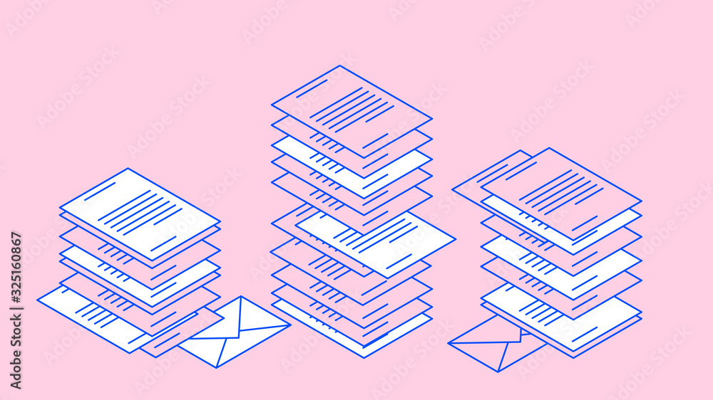 Isometric illustration of documents. Large stacks of sheets of paper ...