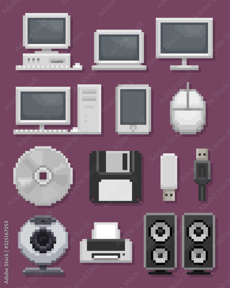 Vector pixel art retro computer and peripherals icon collection Stock ...