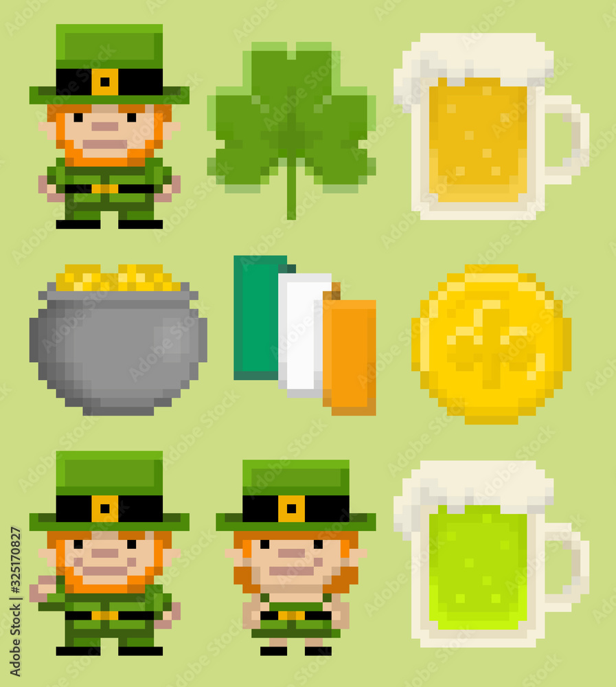 Vector pixel art Saint Patrick's day icon collection Stock Vector ...