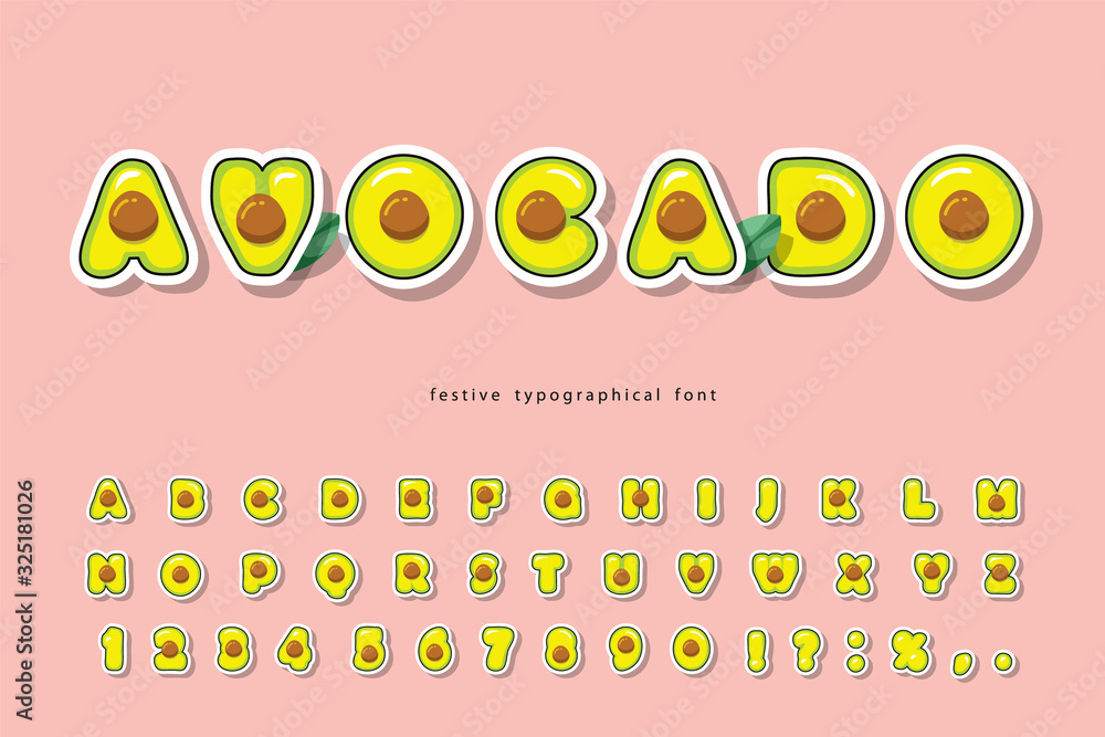 Avocado summer trendy font. Cartoon paper cut out alphabet. Natural ...