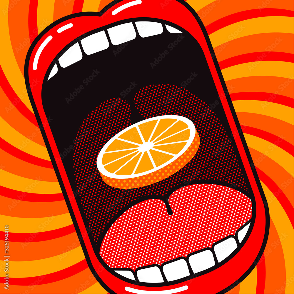 Love to eat orange! Funny cartoon poster. Large open mouth with slice ...