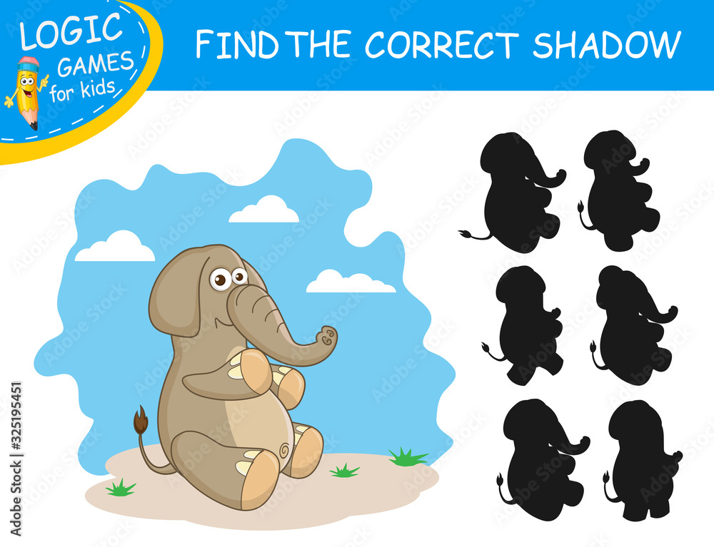 Cute cartoon elephant. Find the correct shadow. Educational matching ...