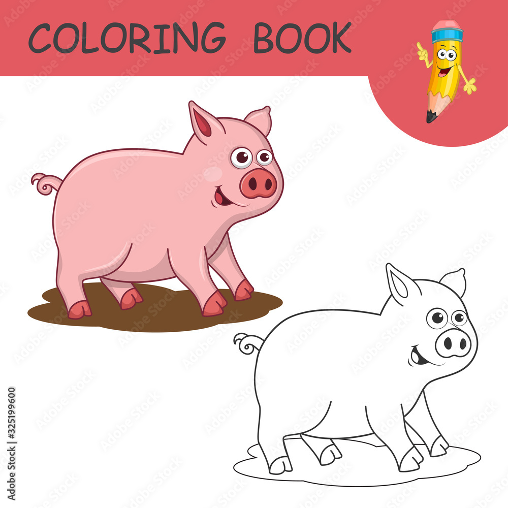 Coloring the Cute Cartoon pink Pig. Coloring book or page cartoon of ...