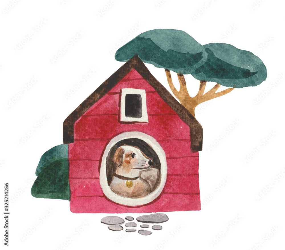 Hand-painted watercolor drawing, red doghouse with a dog inside and ...