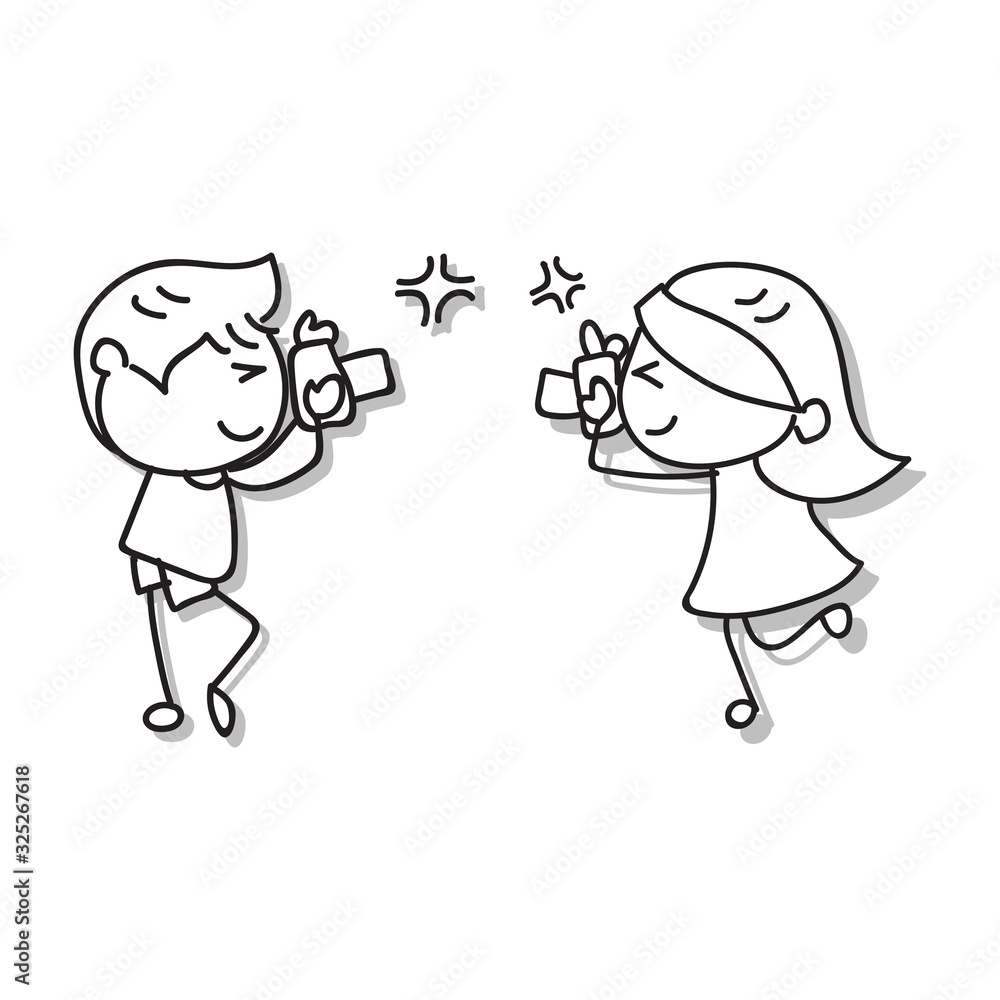 Hand drawing abstract people happy kids playing togerther taking photo ...