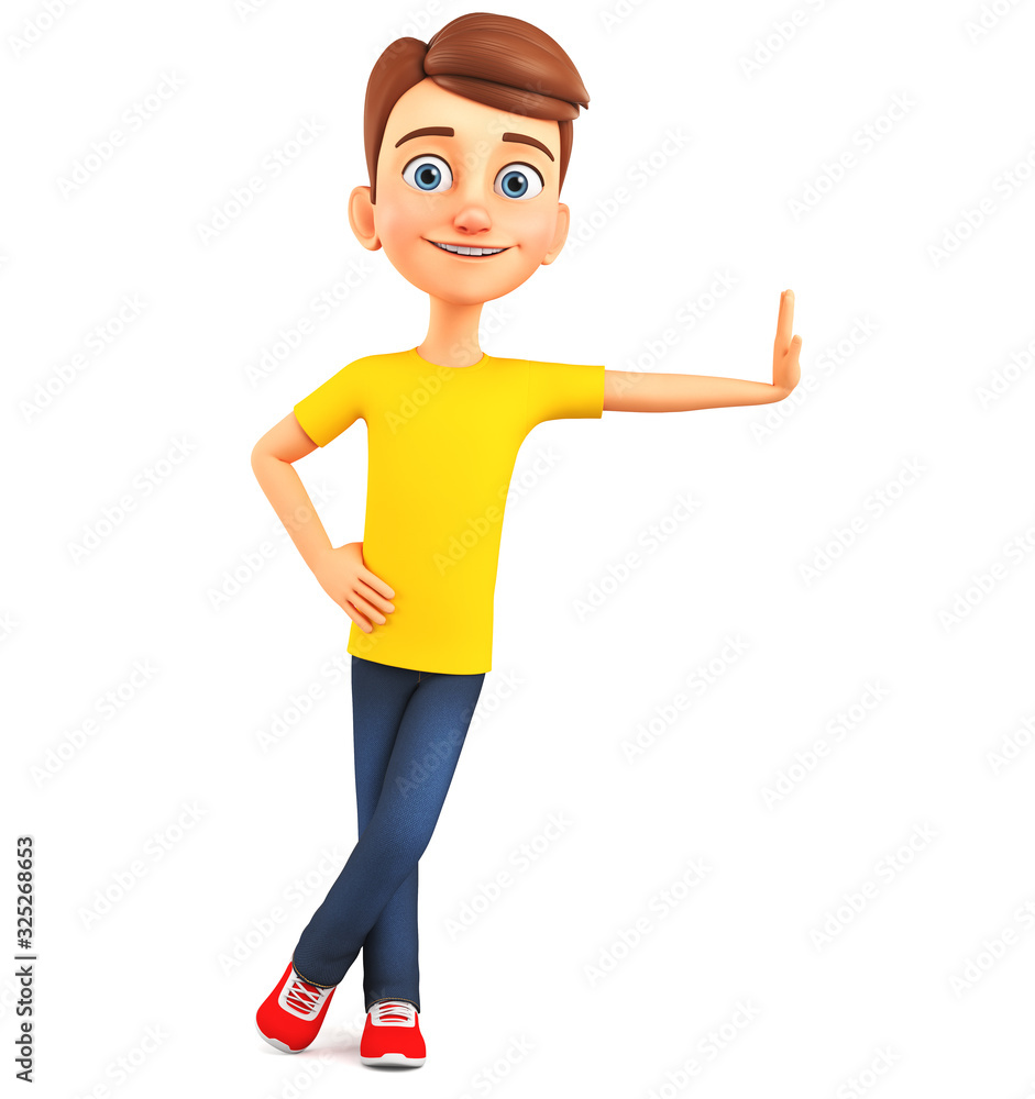 Cheerful cartoon character guy leaning against a white background. 3d ...
