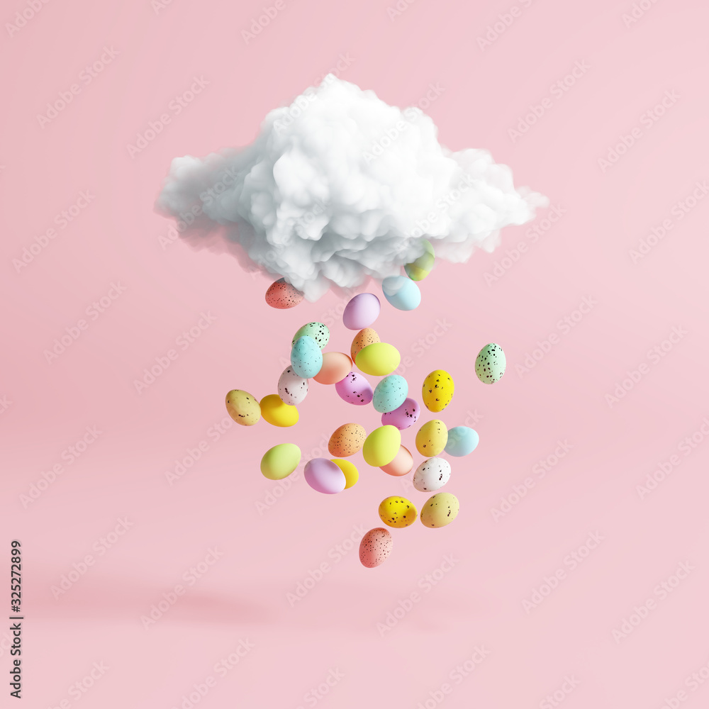 Cloud with Easter eggs rain on pastel pink background. Creative idea ...