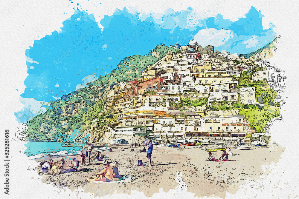 Watercolor drawing small town of Amalfi famous landmark of Italy ...
