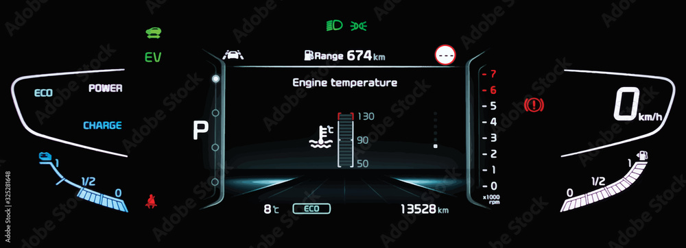 Illustration of modern LCD instrument cluster with digital engine ...