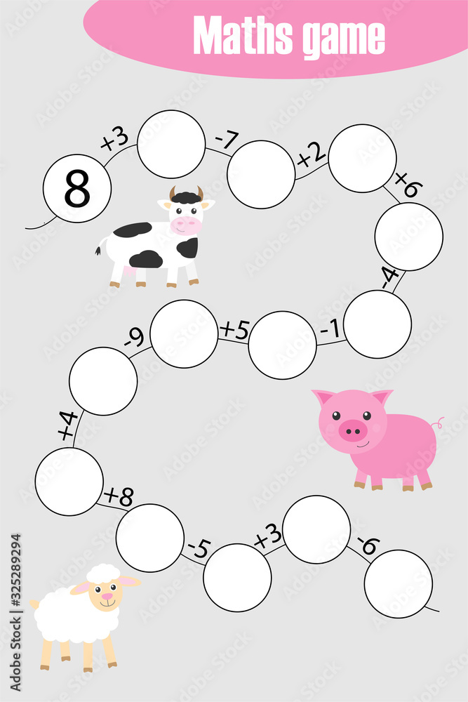 Maths chain game with farm animals for children, education game for ...