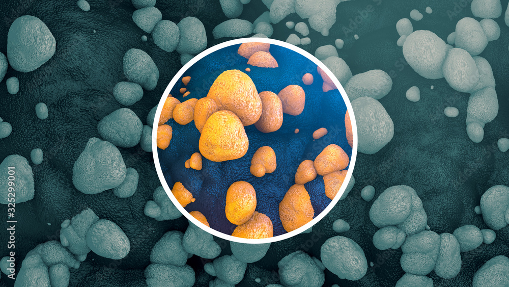 Colored visualization of corona viruses (SARS-CoV-2). Electron ...