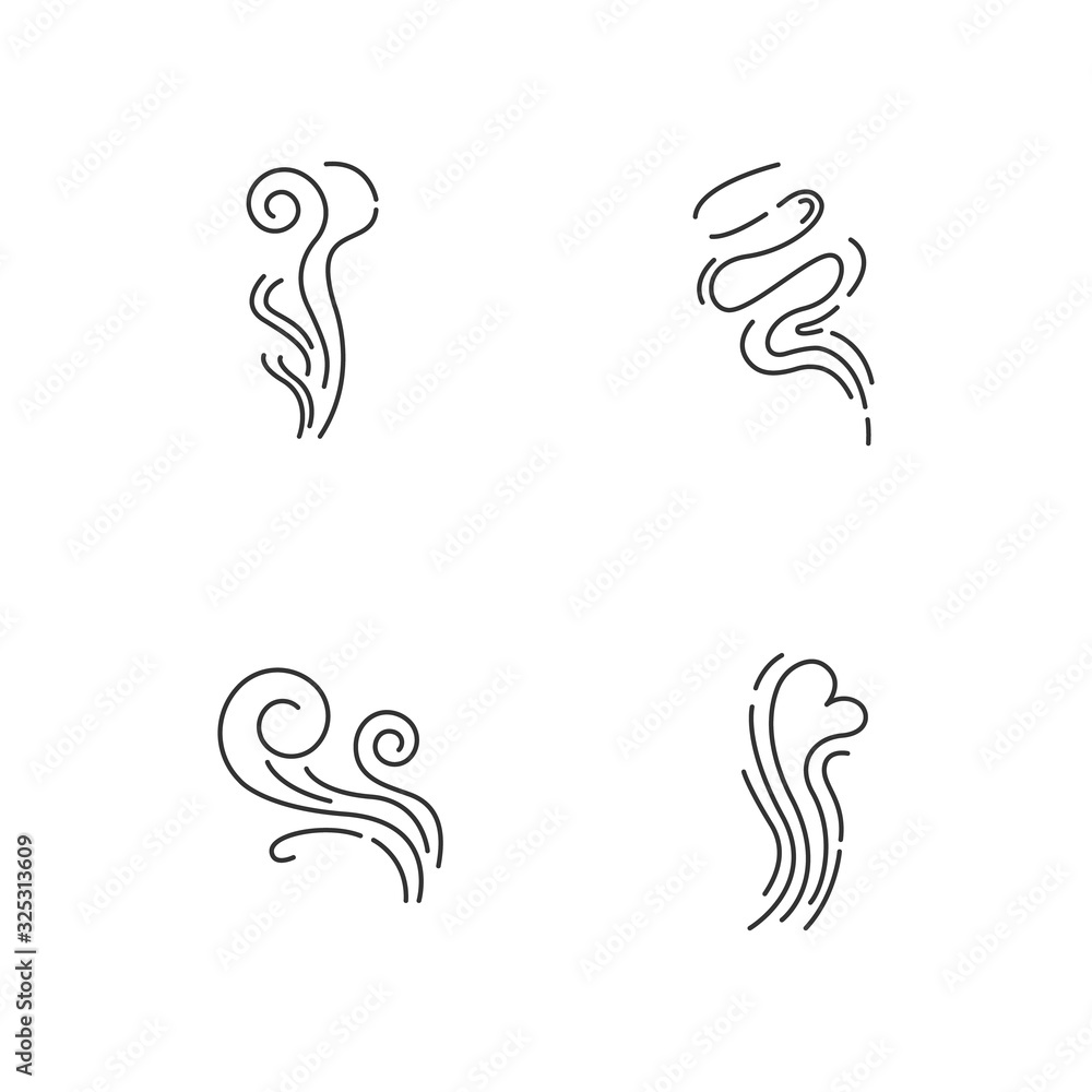 Odor pixel perfect linear icons set. Good smell. Wind swirl, nice ...