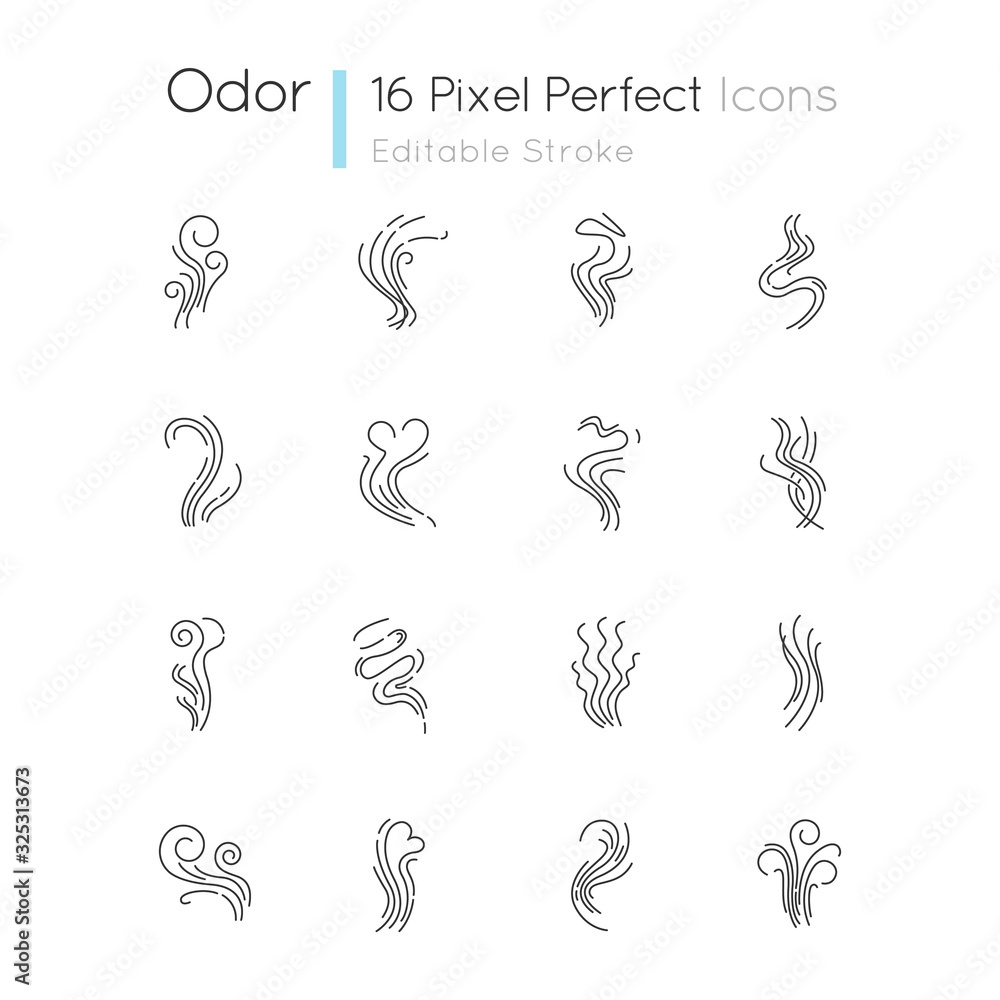 Odor pixel perfect linear icons set. Good and bad smell. Heart shape ...