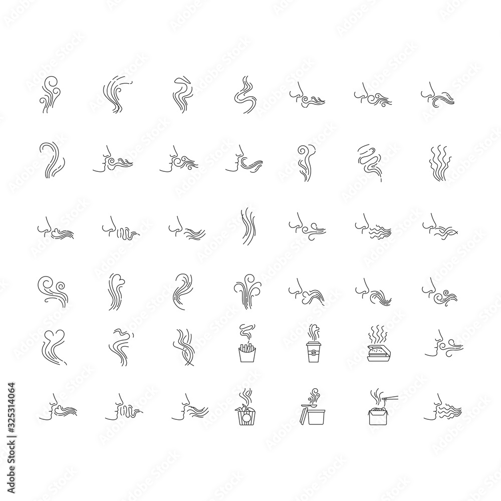 Odor pixel perfect linear icons set. Hot food steam, perfume odour ...