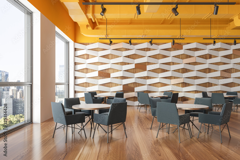 Yellow ceiling geometric pattern cafe interior Stock Photo | Adobe Stock