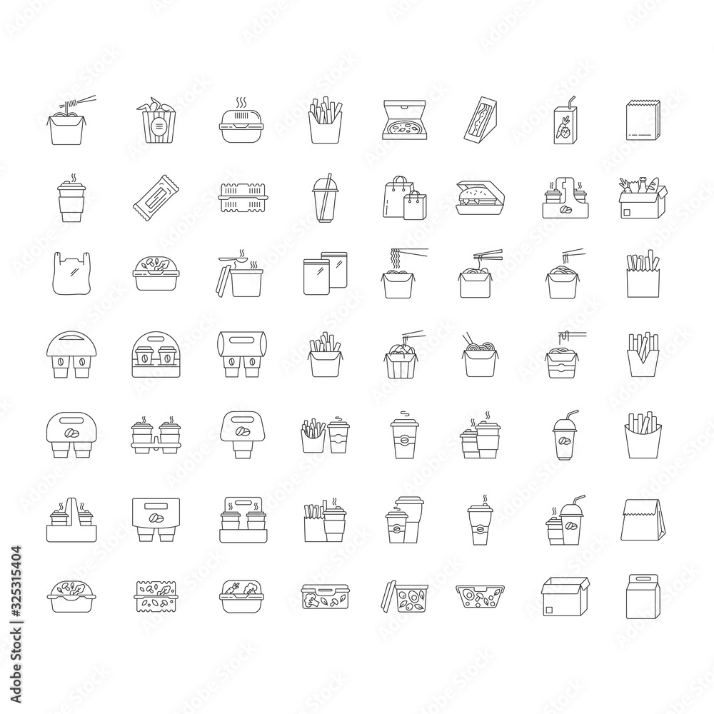 Takeaway food packages linear icons set. Customizable thin line contour ...