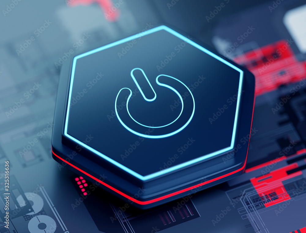 On off switch. Futuristic poweb button 3D render with focus depth of ...