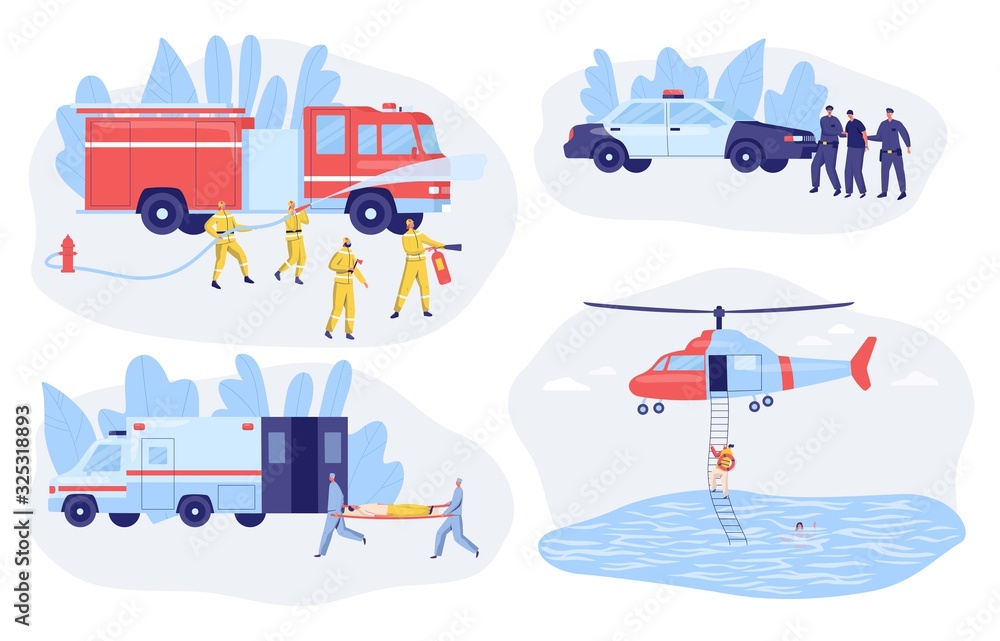 Emergency service police, ambulance, firefighters and rescue vector ...