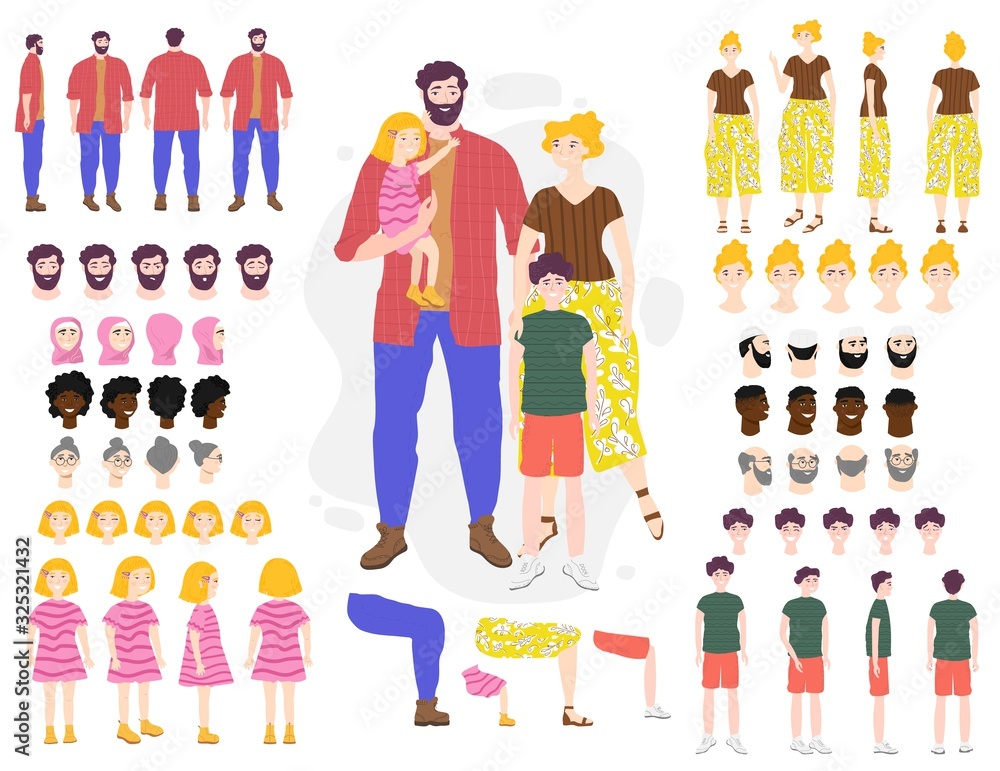 Family cartoon characters constructor set vector illustration. Parents ...