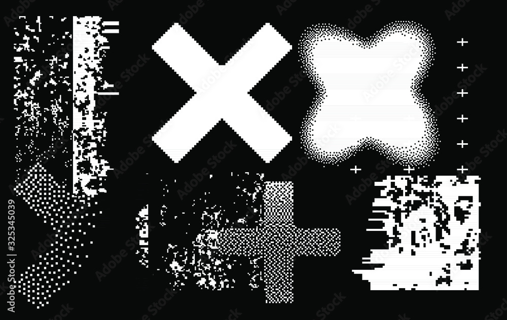 Geometric composition with crosses and glitched and pixelated texture ...