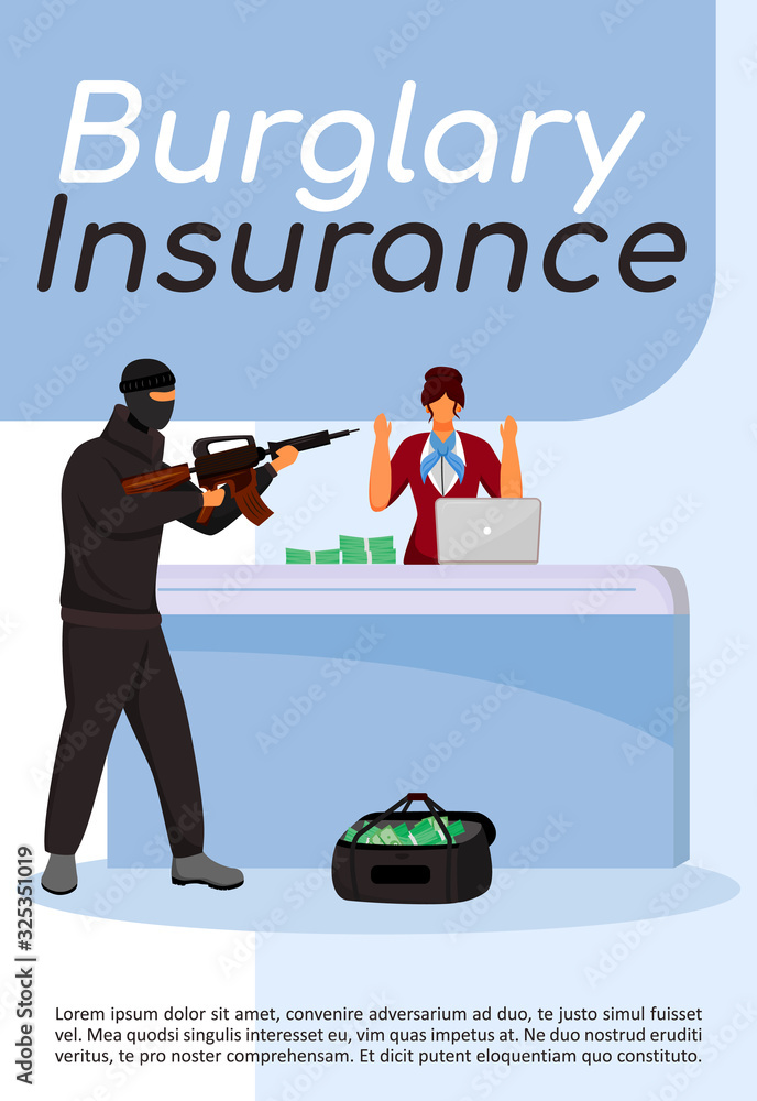 Burglary insurance poster flat vector template. Bank robbery. Armed ...