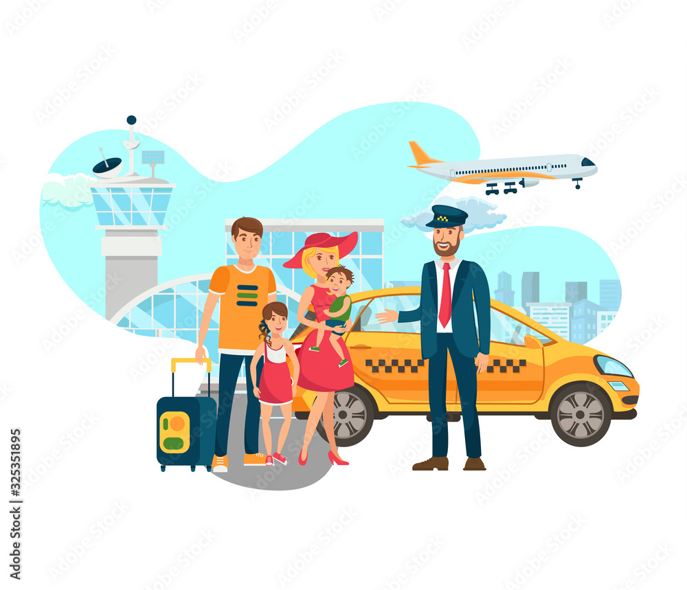 Airport Transfer, Shuttle Services Flat Vector. Happy Taxi Driver Meets ...