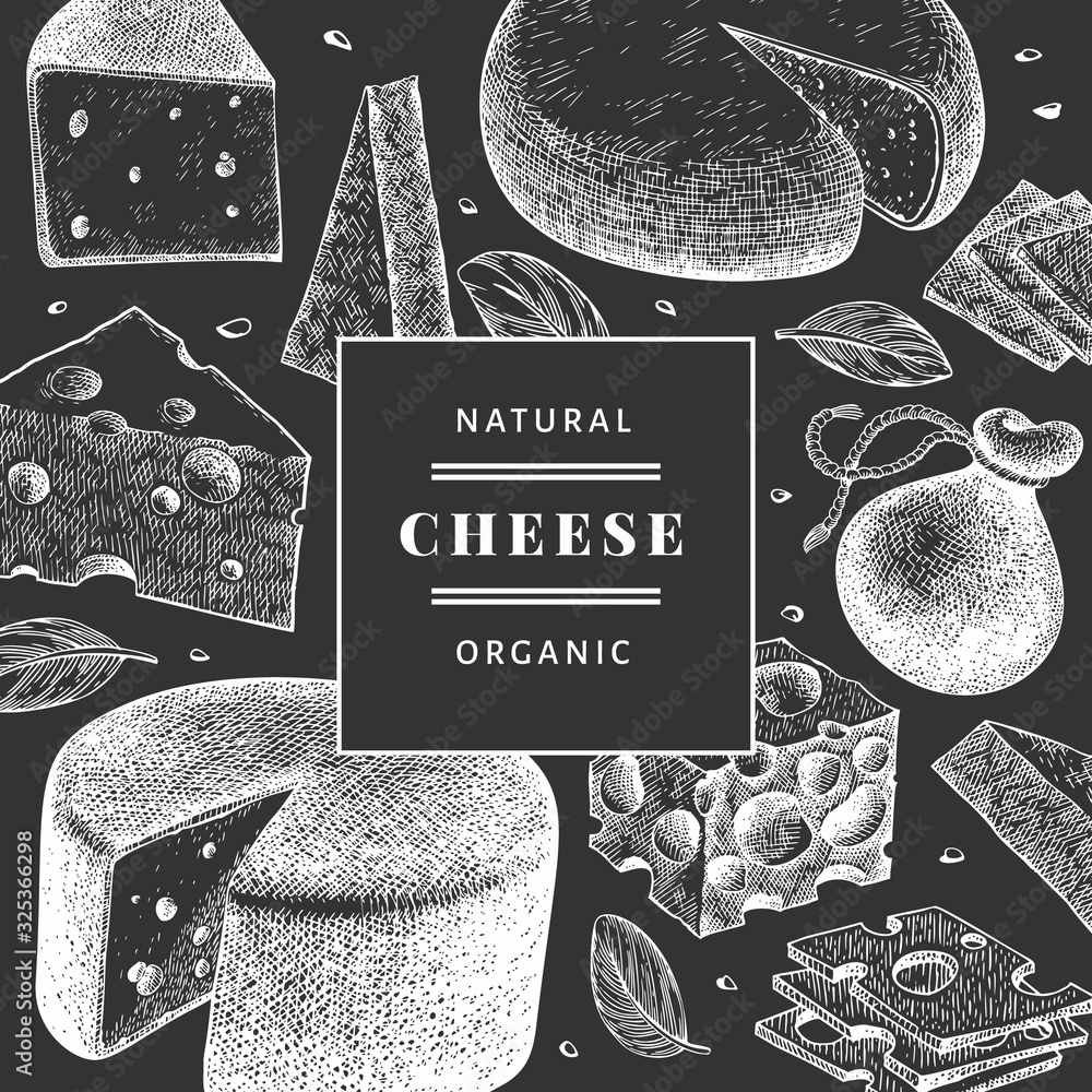 Cheese design template. Hand drawn vector dairy illustration on chalk ...